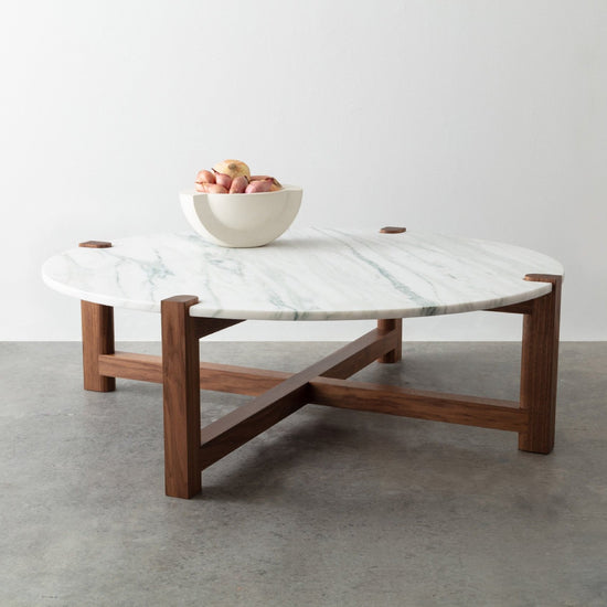Brooks Round Coffee Table - Acacia Wood with Marble Top – Ramgarh Crafts